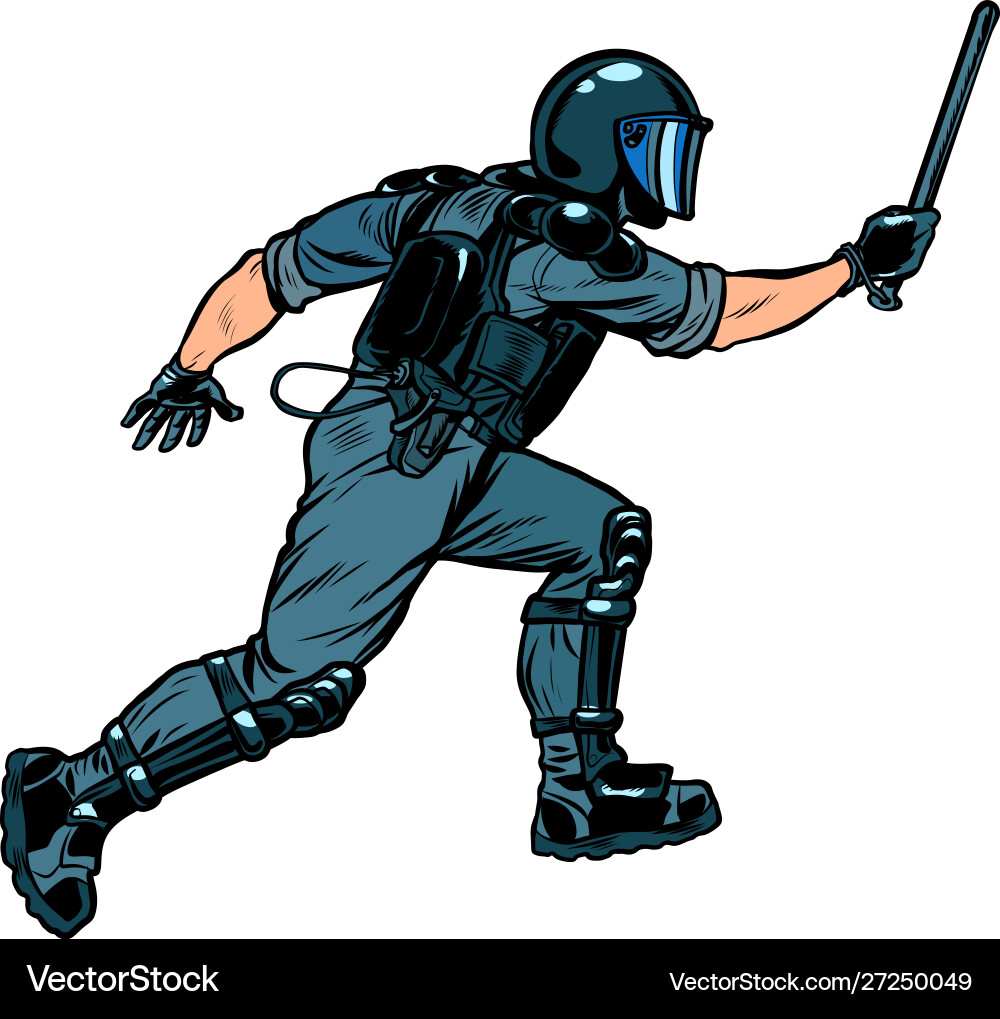 Riot policeman attacks with a baton police work Vector Image