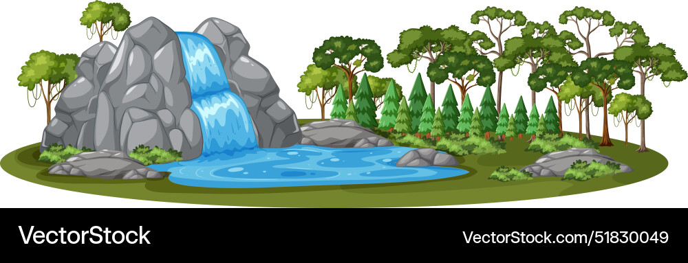 Waterfall flowing into a pond in forest Royalty Free Vector
