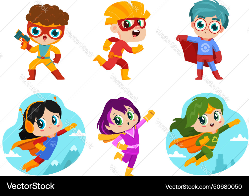 Cute super hero kids cartoon characters Royalty Free Vector
