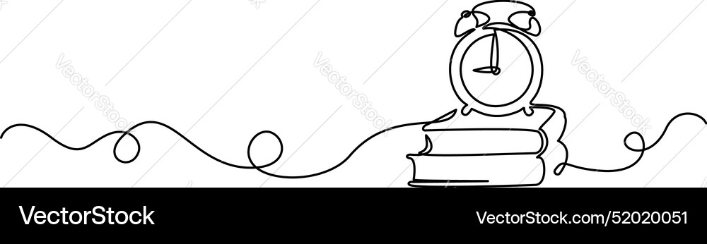 Books and alarm clock in wavy line frame Vector Image