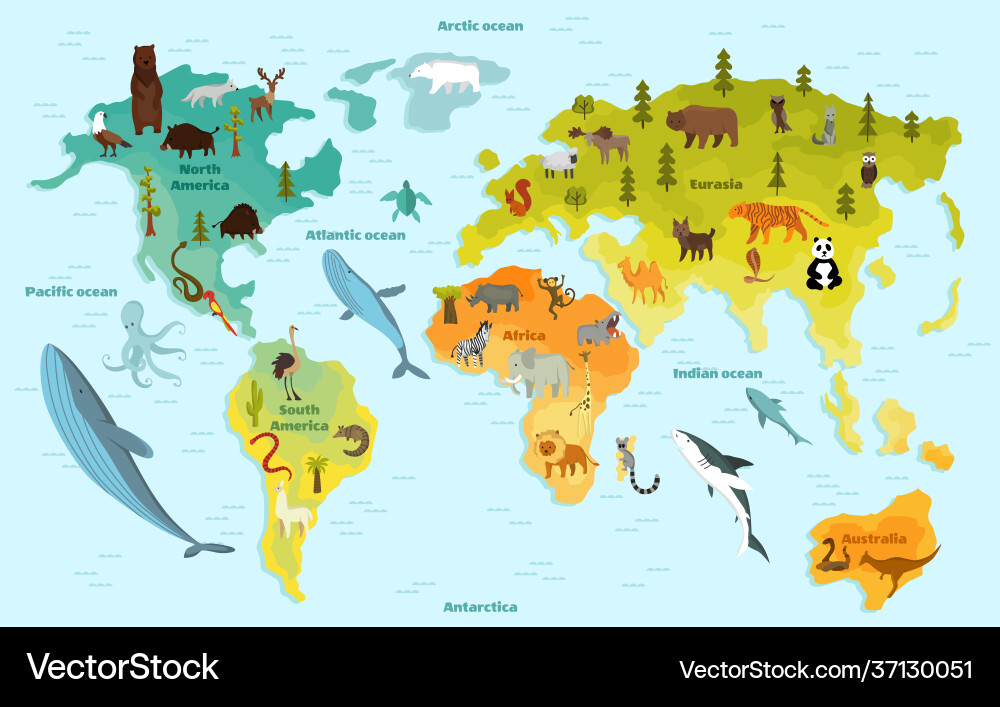 World map with different animal funny cartoon Vector Image