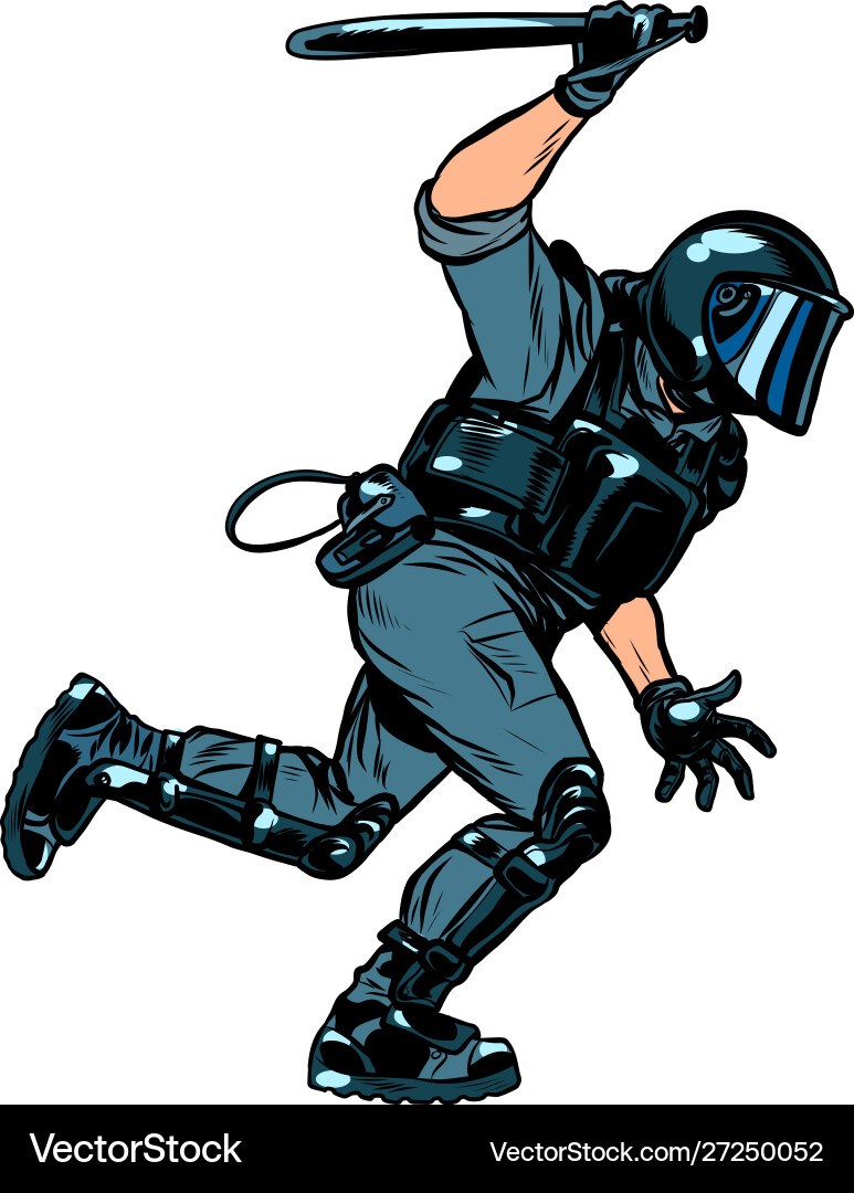 Riot policeman attacks with a baton police work Vector Image