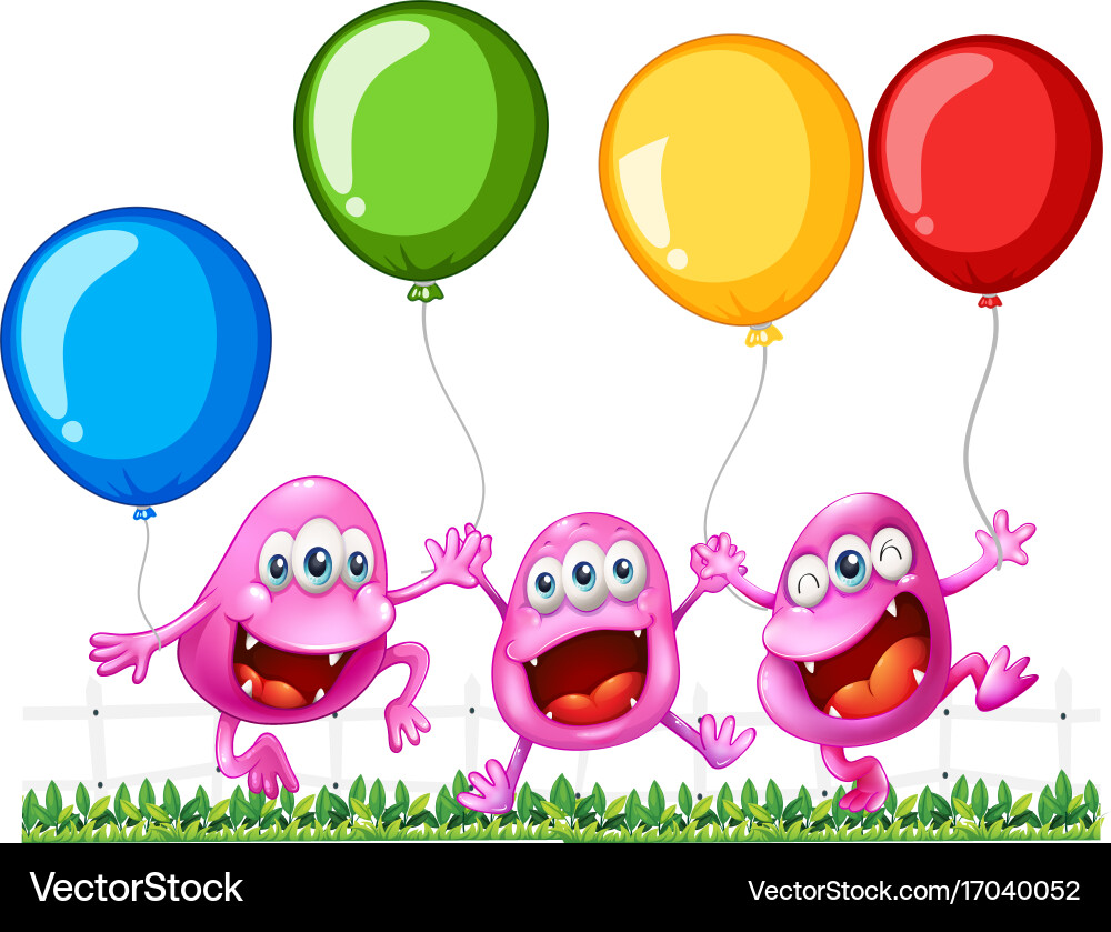 Three monsters playing with balloons Royalty Free Vector