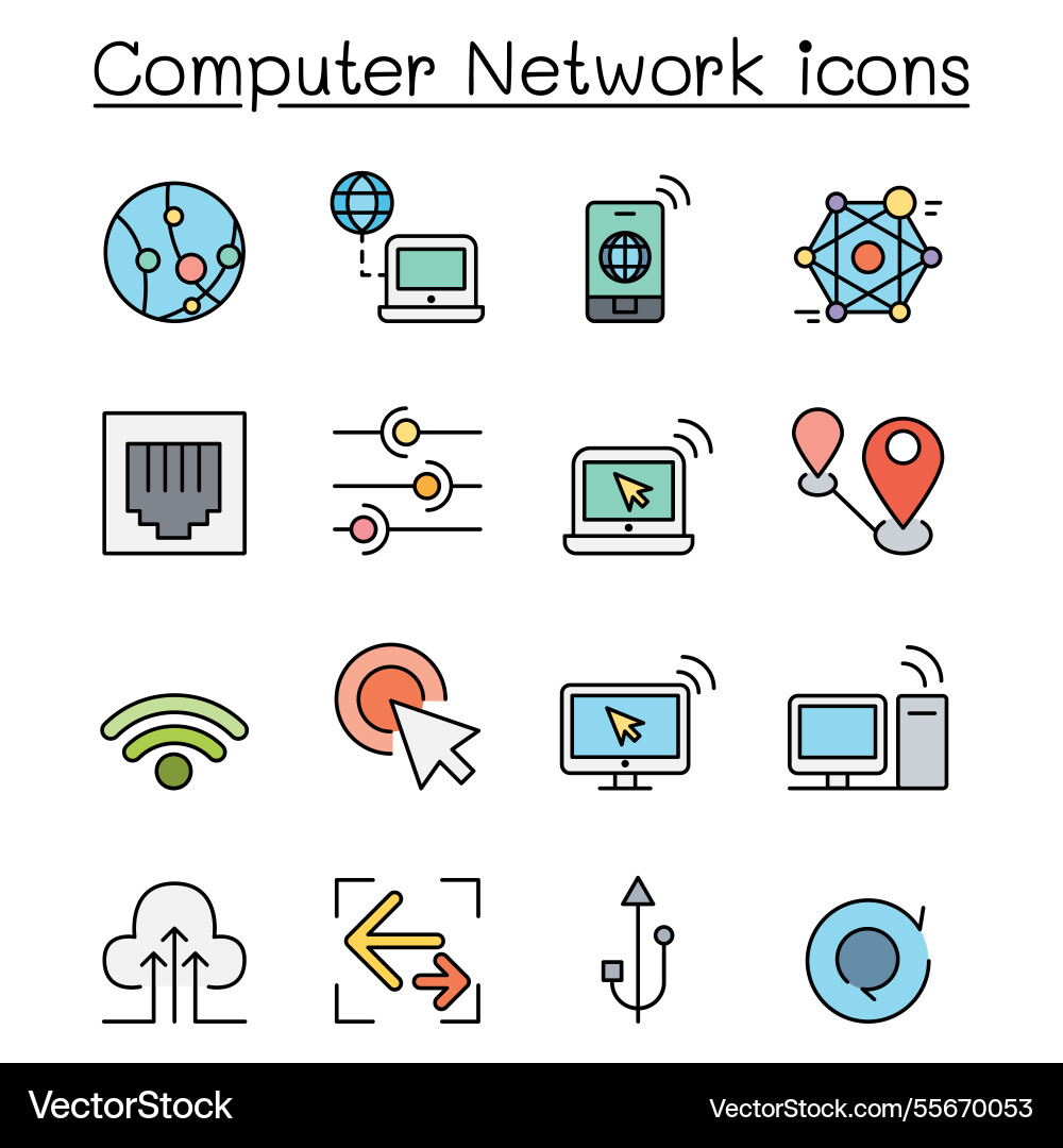 Computer network icon set in color line style Vector Image