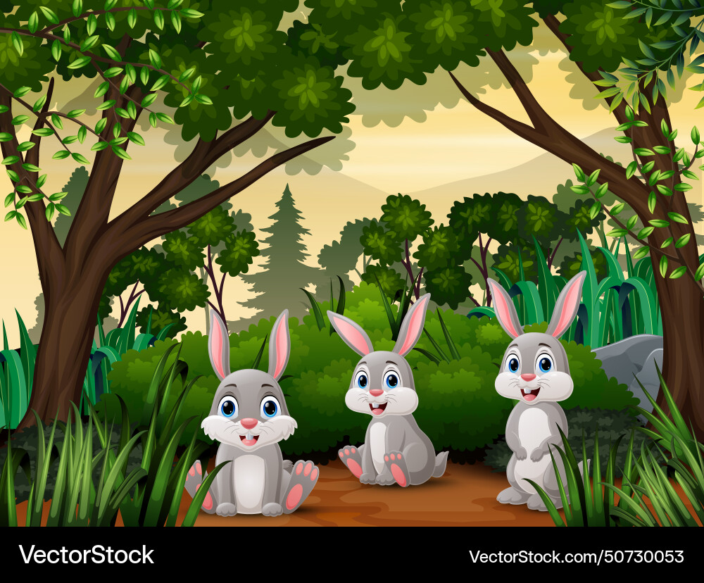 Cute three rabbits cartoon in the jungle Vector Image