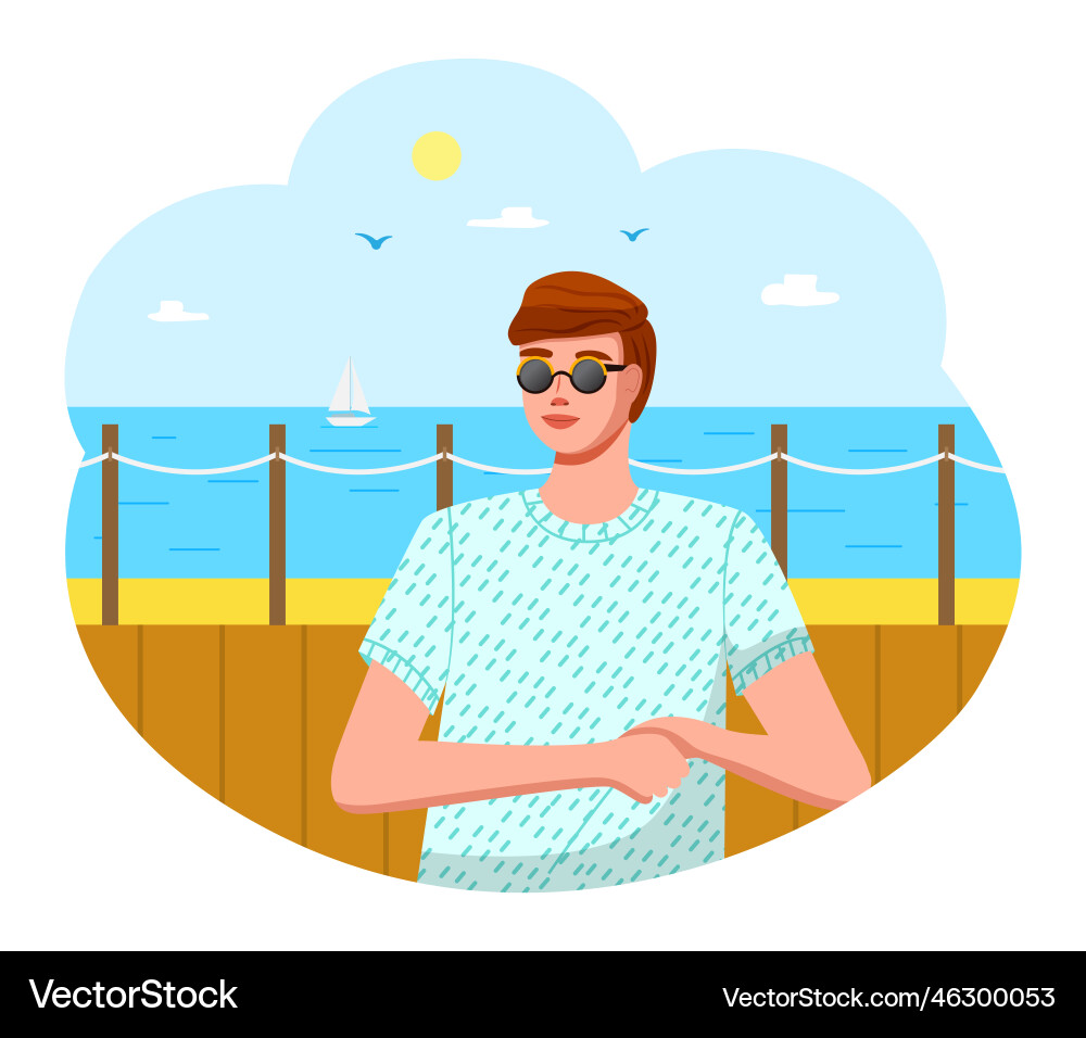 Man on the beach ocean background with seagulls Vector Image