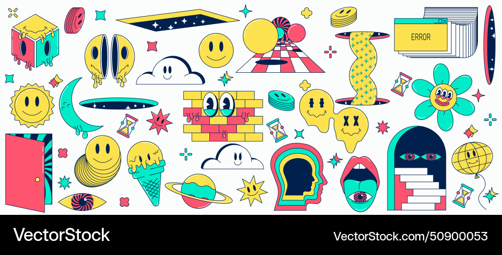 Psychedelic retro cartoon style set Royalty Free Vector