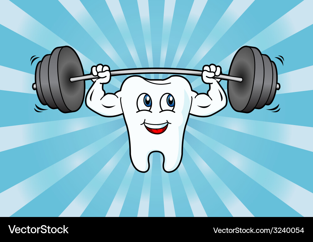 Cartoon tooth character lifting weights Royalty Free Vector