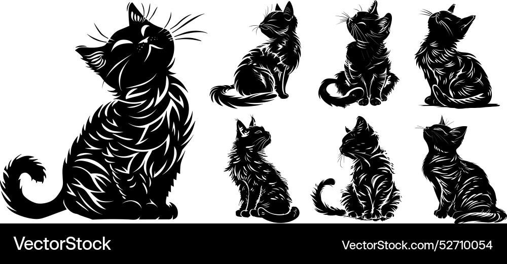 Little cat silhouettes black ink set kitty Vector Image