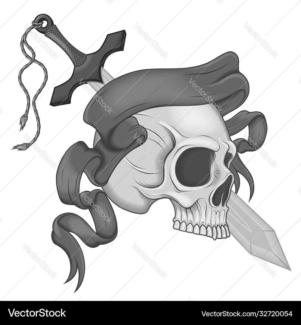 Skull with sword and ribbon Royalty Free Vector Image