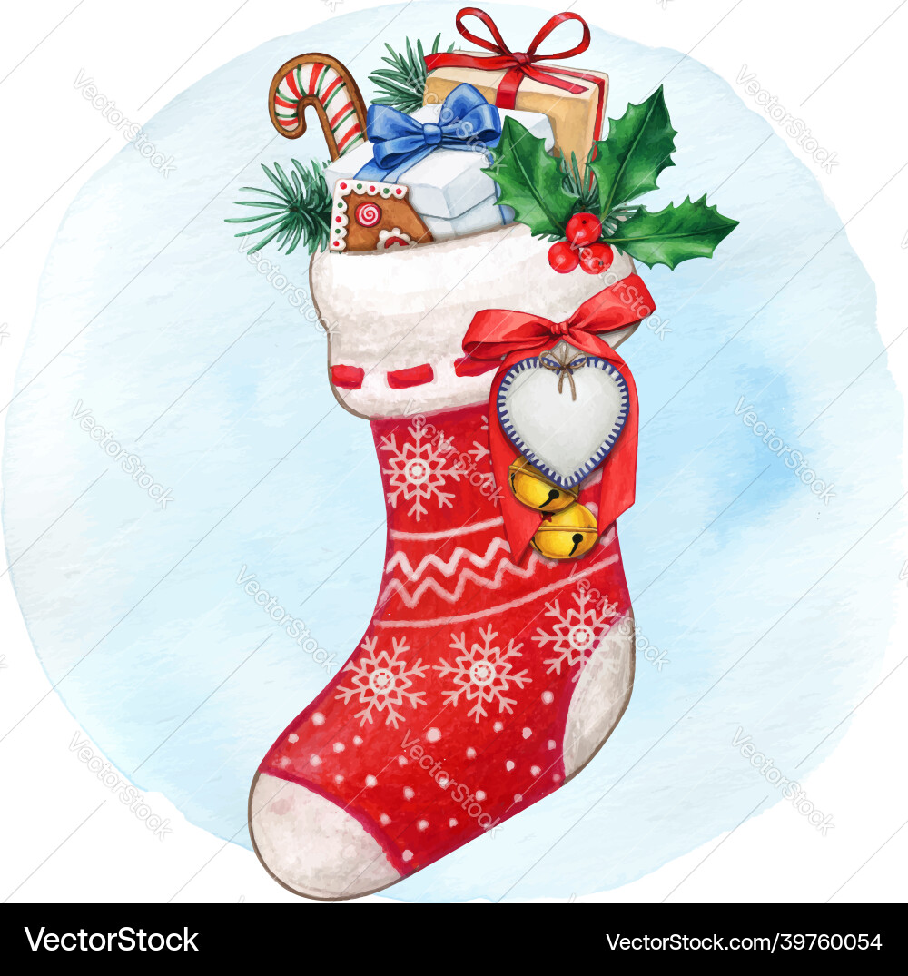 Watercolor hand drawn christmas stocking full Vector Image