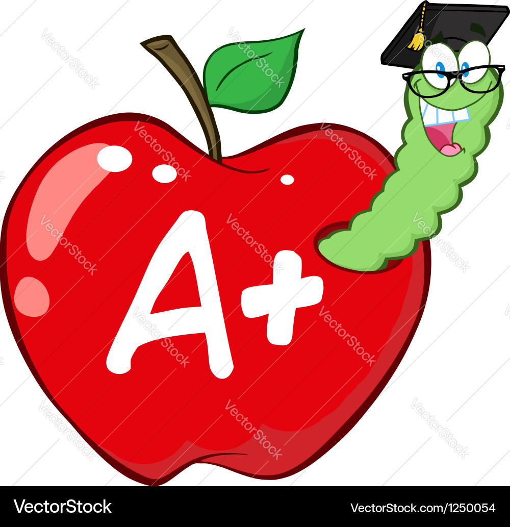 Worm in red apple with graduate cap Royalty Free Vector