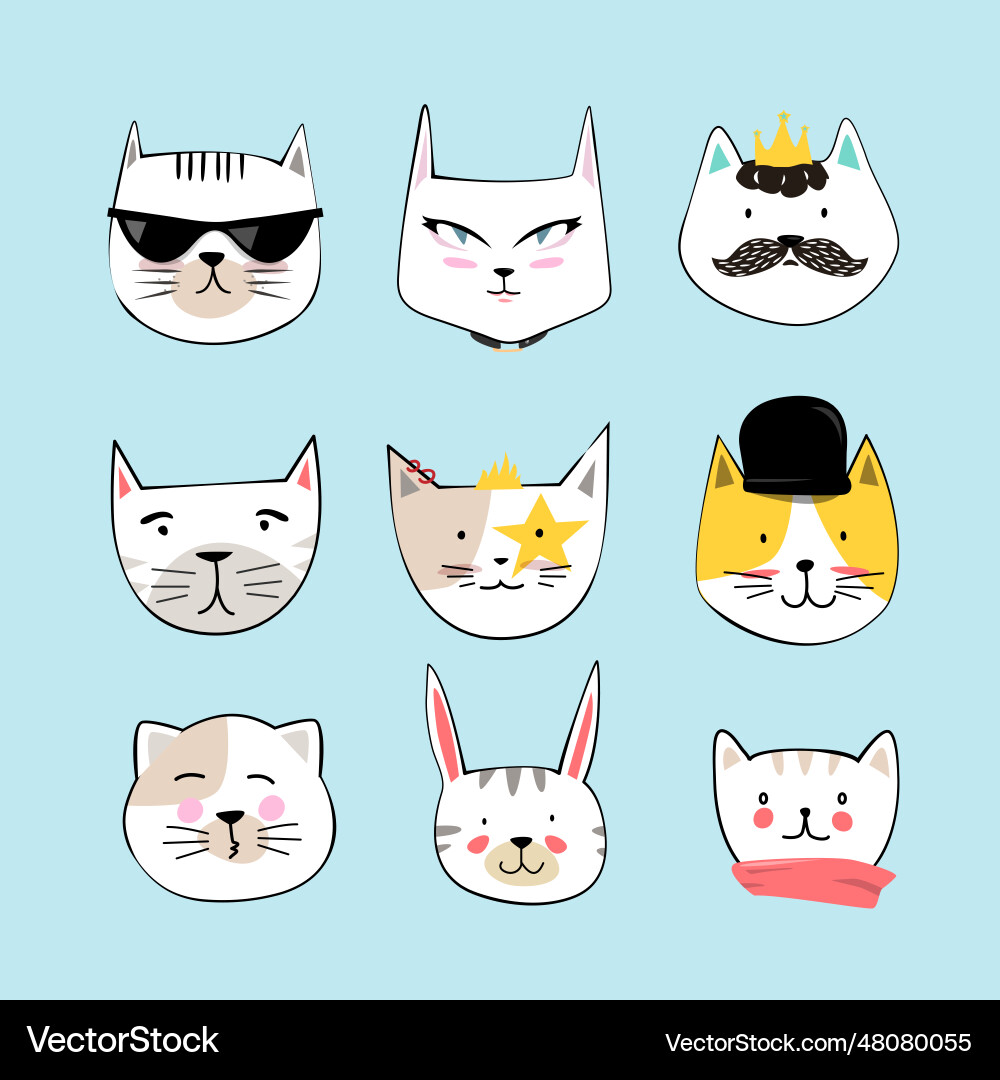 Cartoon cat faces set hand drawn style Royalty Free Vector