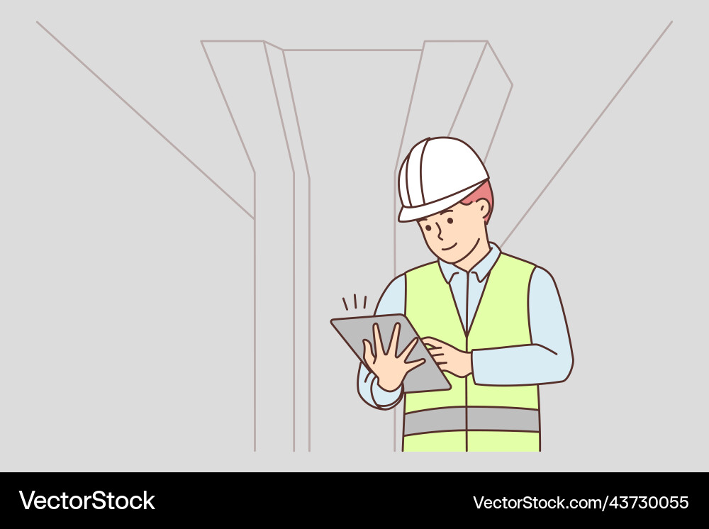 Male engineer in uniform near bridge construction Vector Image