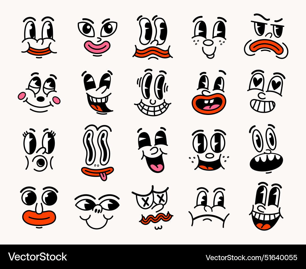 Retro cartoon characters funny faces Royalty Free Vector