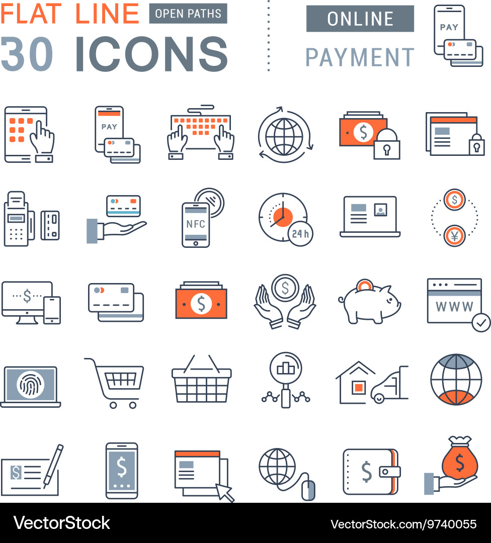 Set flat line icons online payment Royalty Free Vector Image
