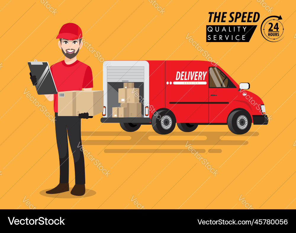 Courier with the parcel on background Royalty Free Vector