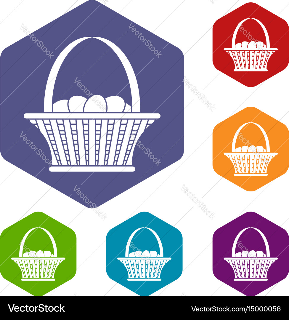 Easter basket icons set hexagon Royalty Free Vector Image