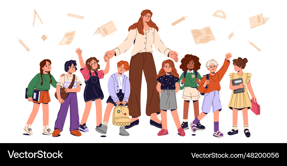 Happy teacher and children group portrait Vector Image
