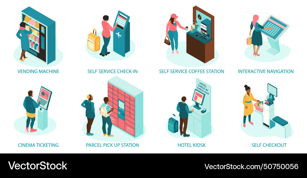 Isometric self service composition set Royalty Free Vector