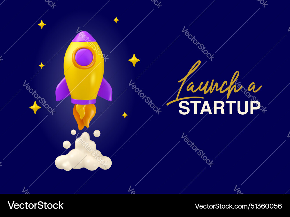 Rocket launch 3d banner on dark background Vector Image