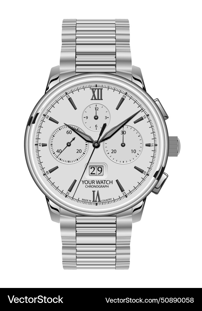 Realistic clock chronograph watch for men silver Vector Image