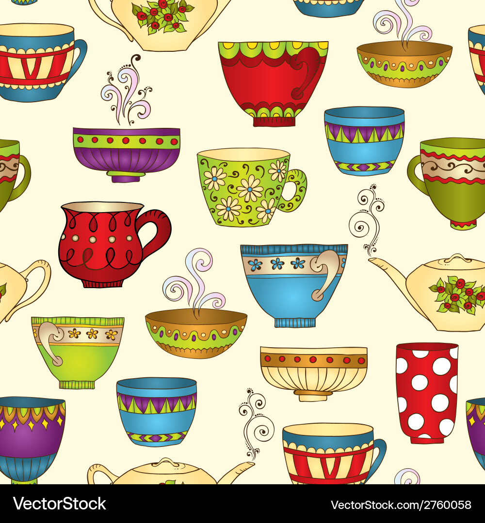 Seamless tea pattern with doodle teapots and cups Vector Image