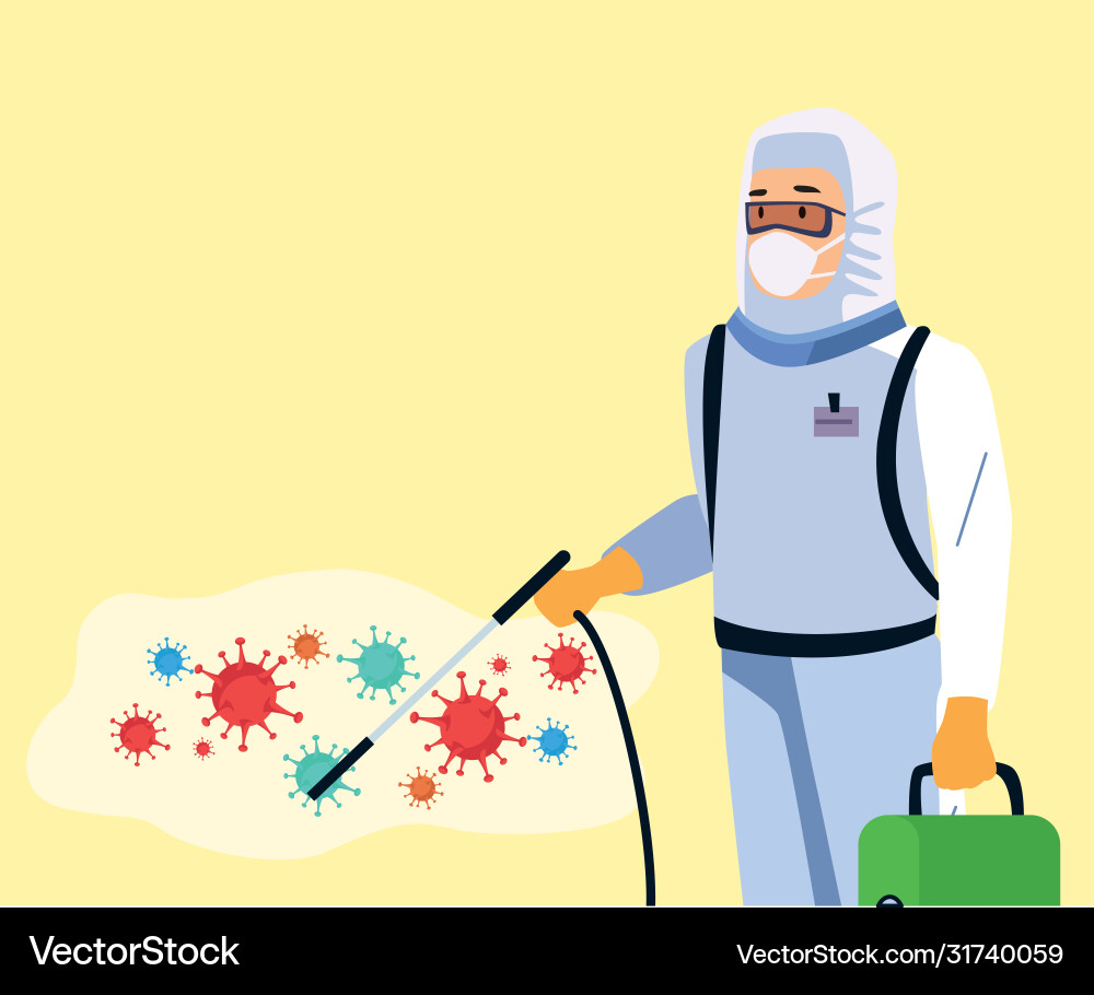 Biosafety worker with sprayer disinfectant Vector Image