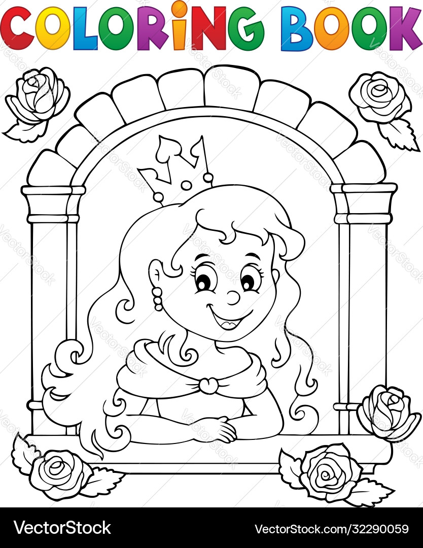 Coloring book princess in window theme 1 Vector Image