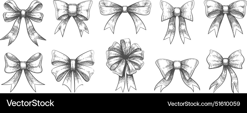 Engraving bows and ribbons set Royalty Free Vector Image