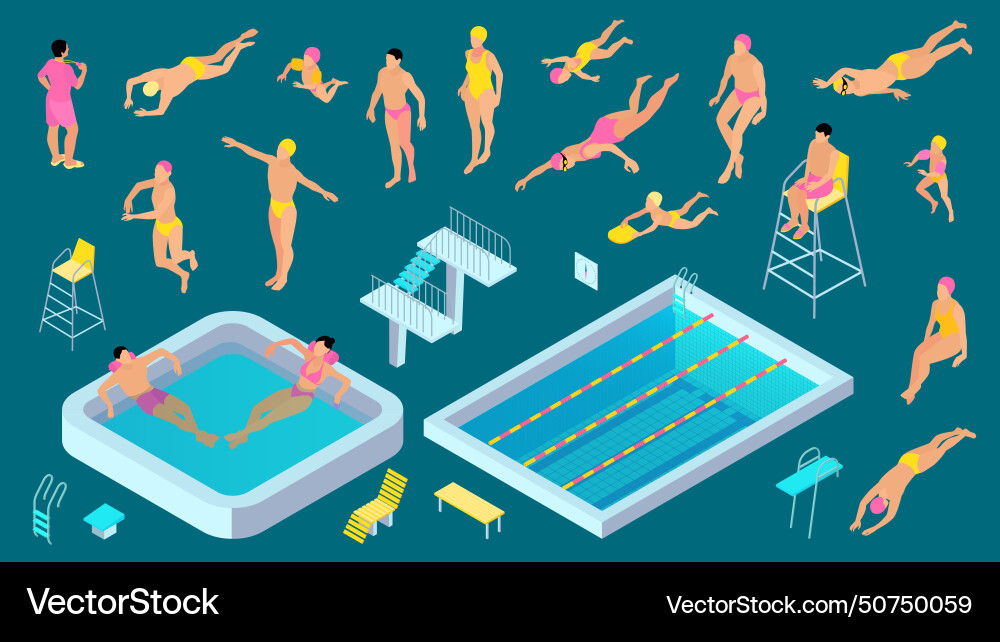 Isometric swimming pool color icon set Royalty Free Vector
