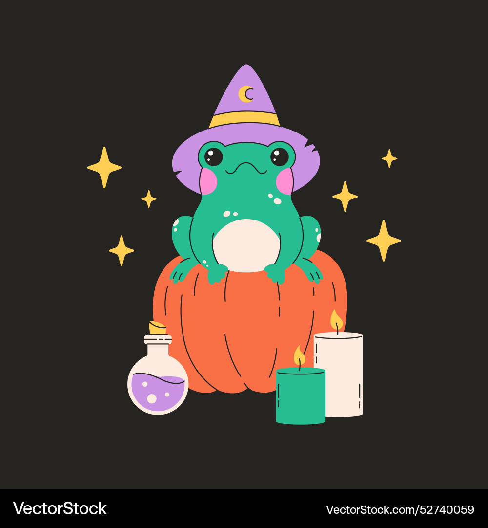 Toad in witch hat with pumpkin potion candles Vector Image