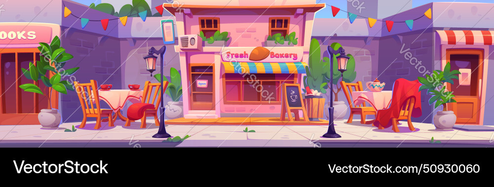 Bakery facade exterior with tables and chairs Vector Image