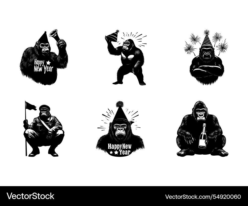 Grumpy gorilla happy new year silhouettes festiv Vector Image