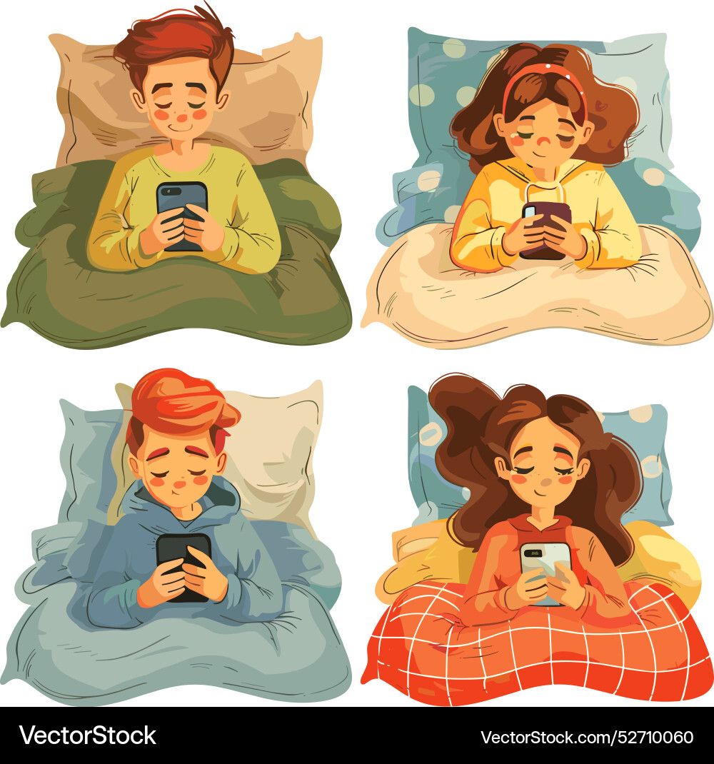 Nighttime tablet perusal cartoon scenes Royalty Free Vector