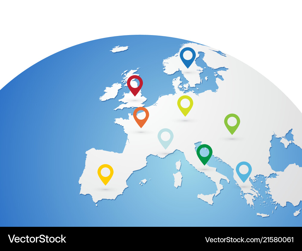 Europe map on world globe with color pins Vector Image