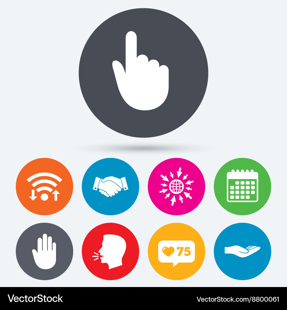 Hand icons handshake and click here symbols Vector Image