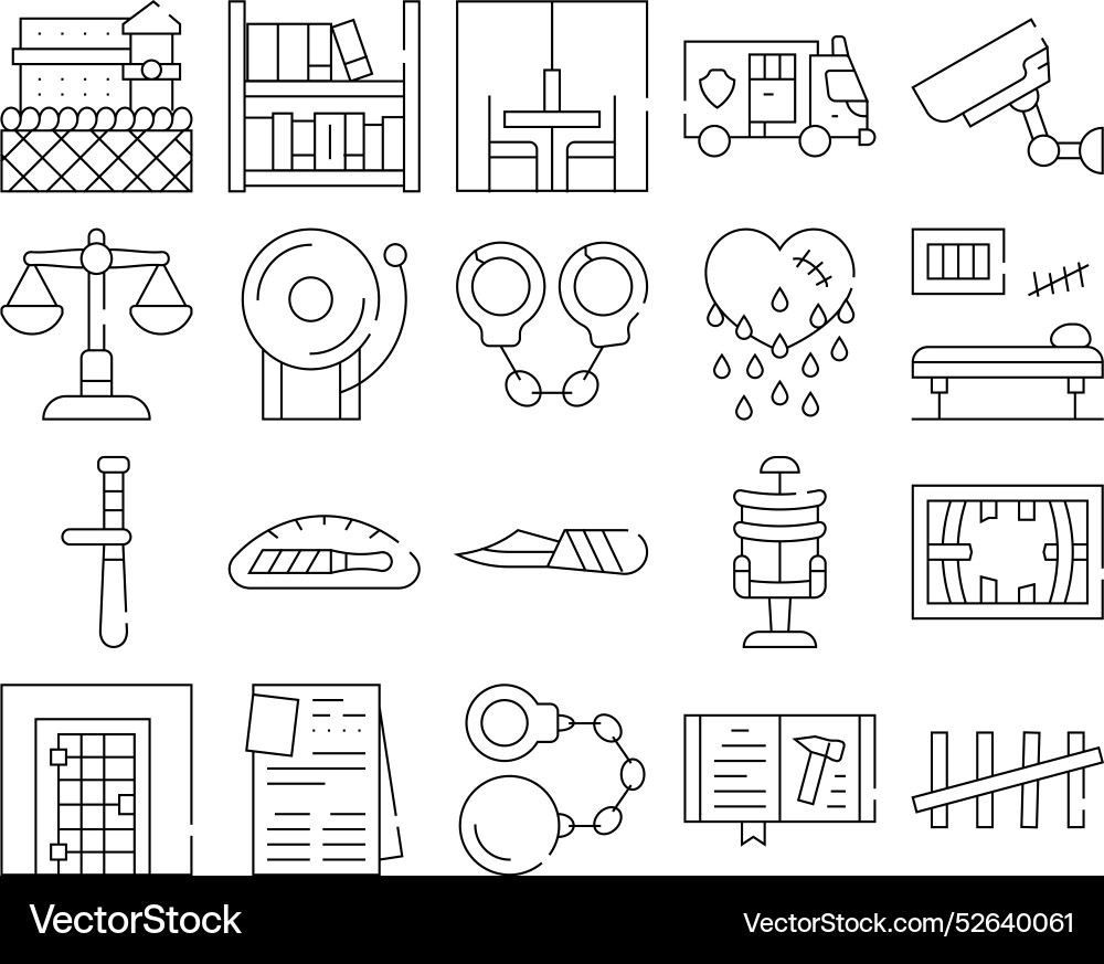 Prison building and accessory icons set Royalty Free Vector