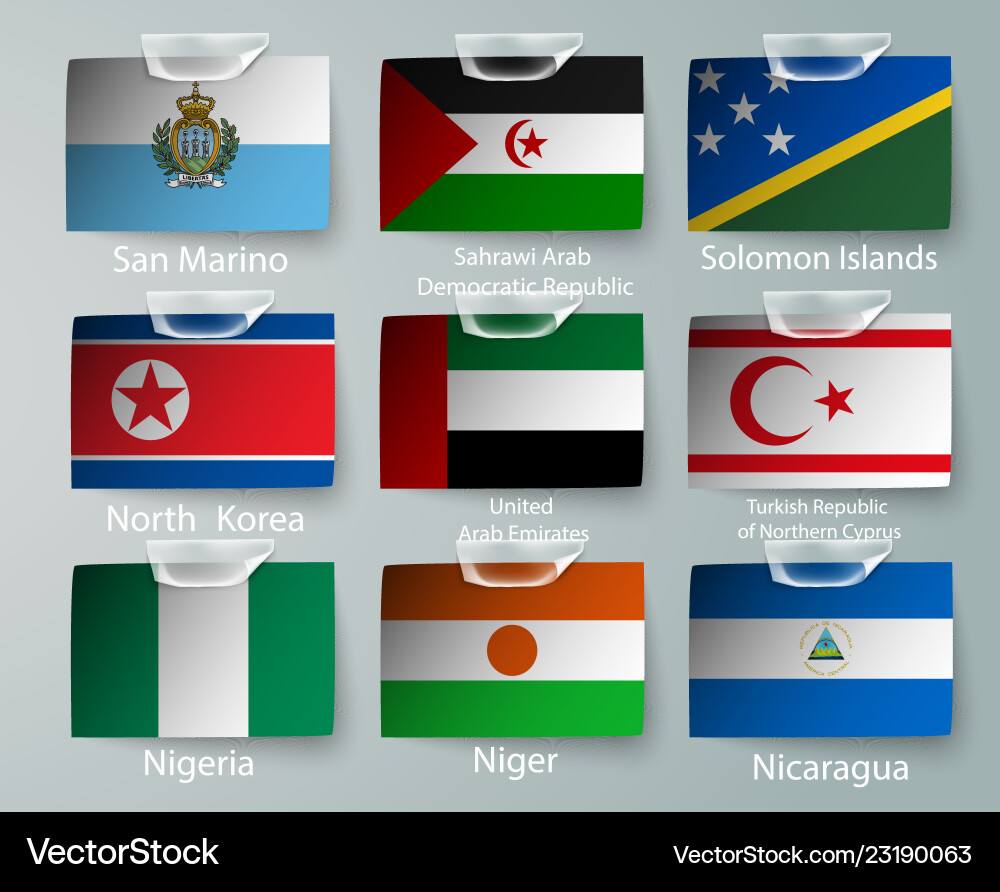 Realistic set flags paper countries Royalty Free Vector