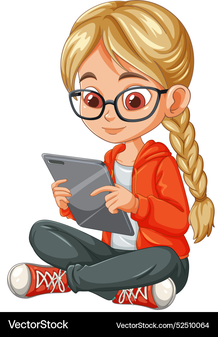 Young Girl With Glasses Using A Tablet Royalty Free Vector