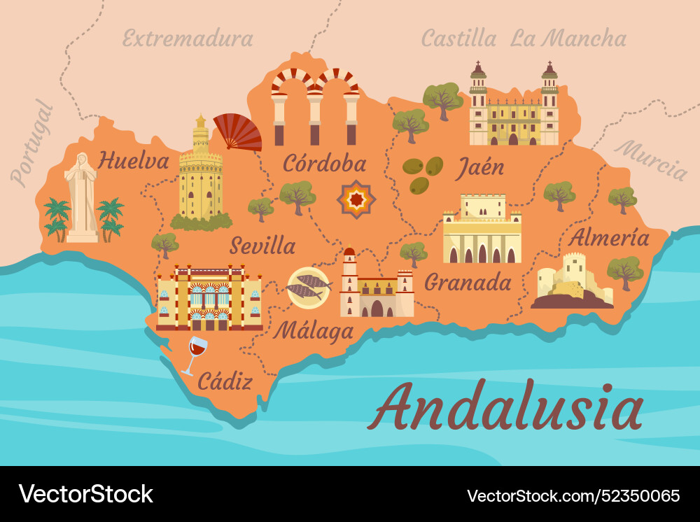 Andalusia map with landmarks Royalty Free Vector Image