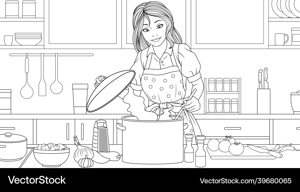 Beautiful girl prepares lunch Royalty Free Vector Image