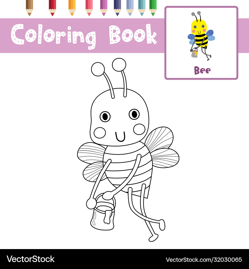 Coloring page big bee flying with jar honey Vector Image