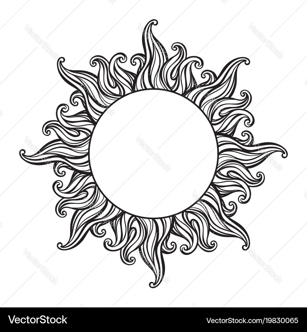 Hand drawn etching style frame in a shape of sun Vector Image