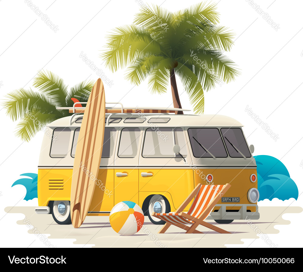 Realistic vintage surfer van on the beach Vector Image