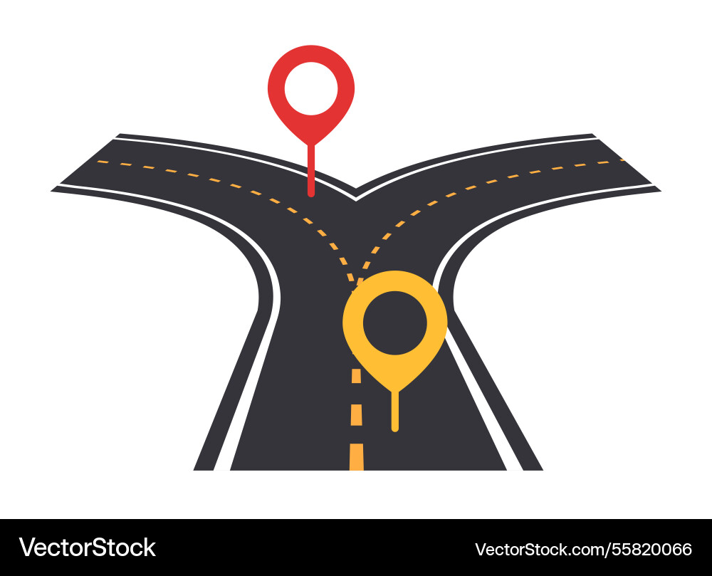 Road split with location pins Royalty Free Vector Image