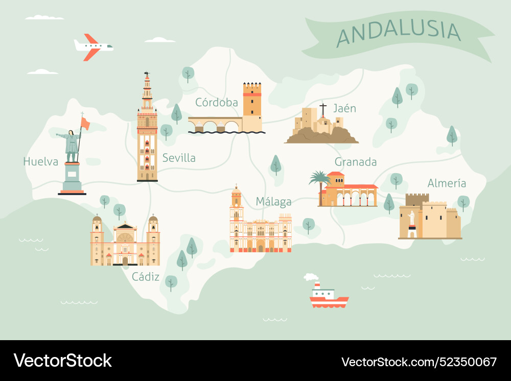 Andalusia map with landmarks Royalty Free Vector Image