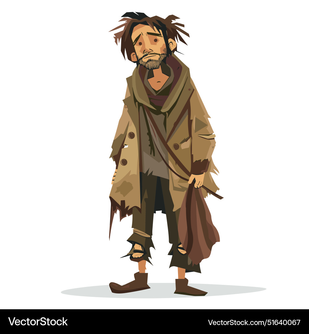 Disheveled man stands tired wearing tattered Vector Image