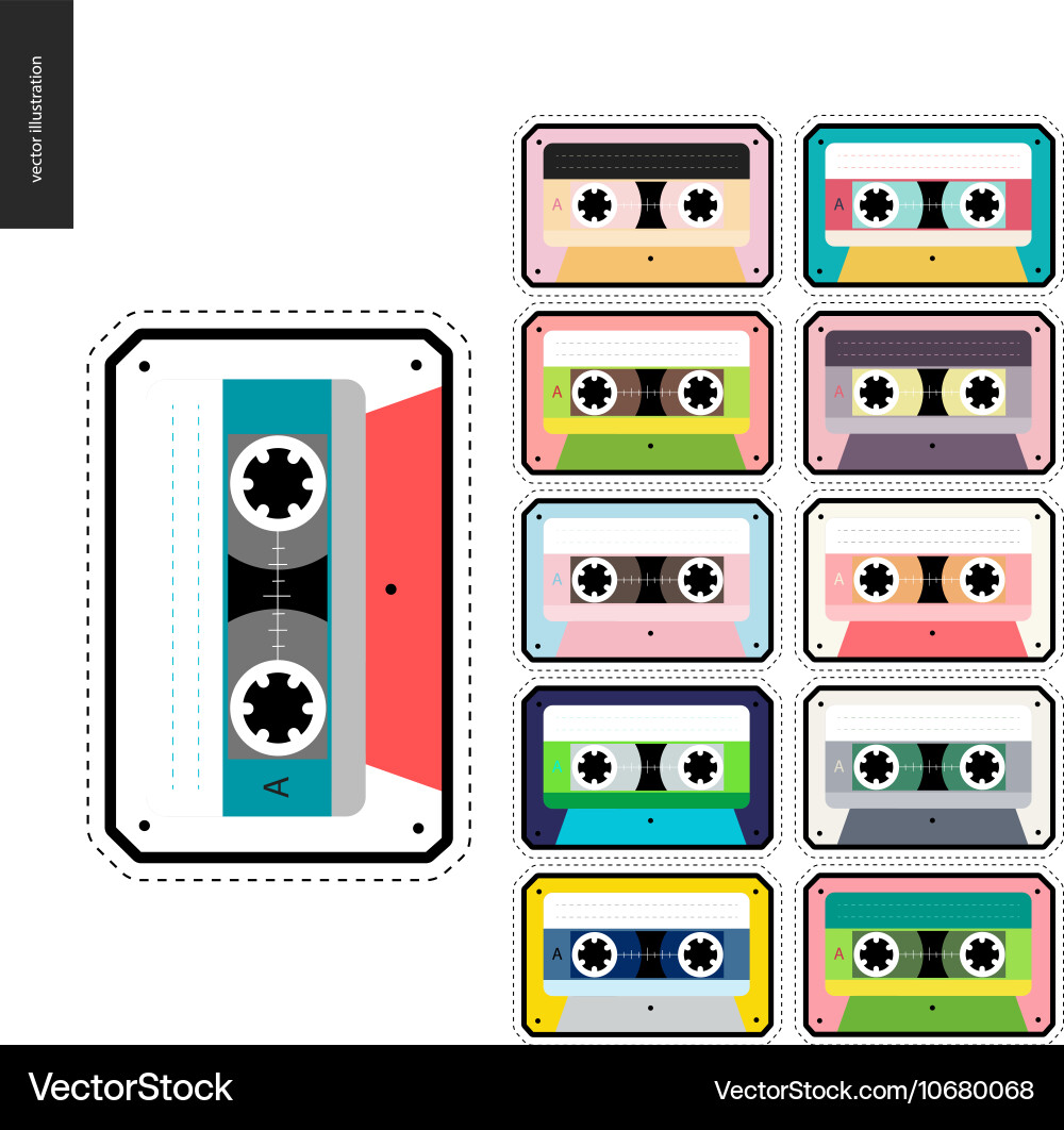 Cassette tapes patches flat set Royalty Free Vector Image