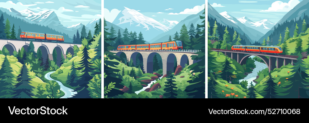 Rail trip across mountainous bridge cartoon Vector Image